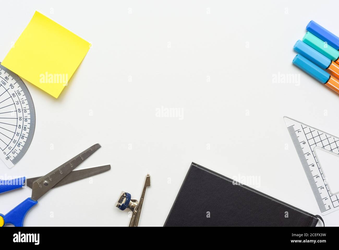 School equipment background of stationary for class lessons on white ...