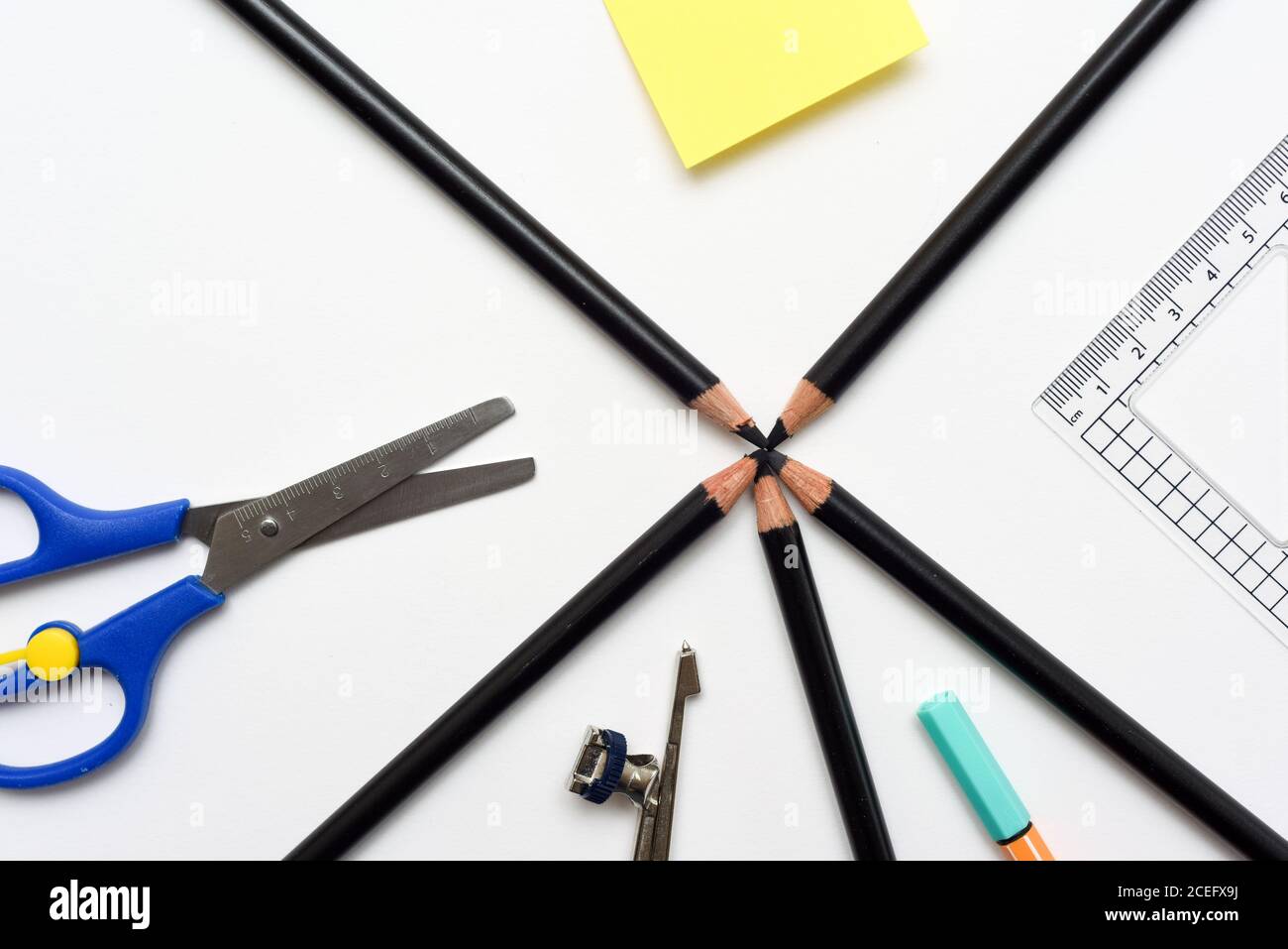 School equipment background of stationary for class lessons on white ...