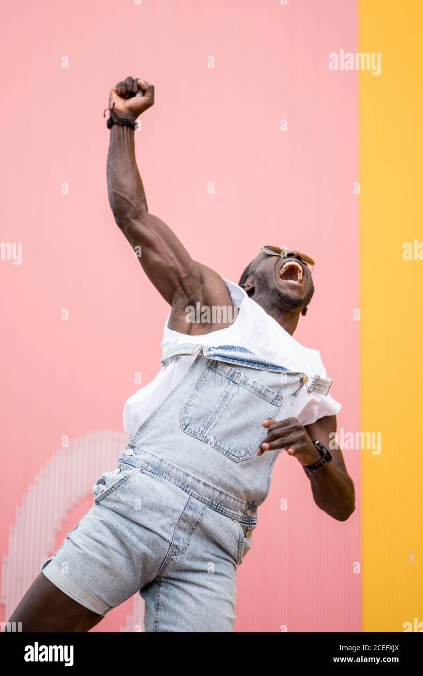 African man shouting victory clenched fist Stock Photo - Alamy