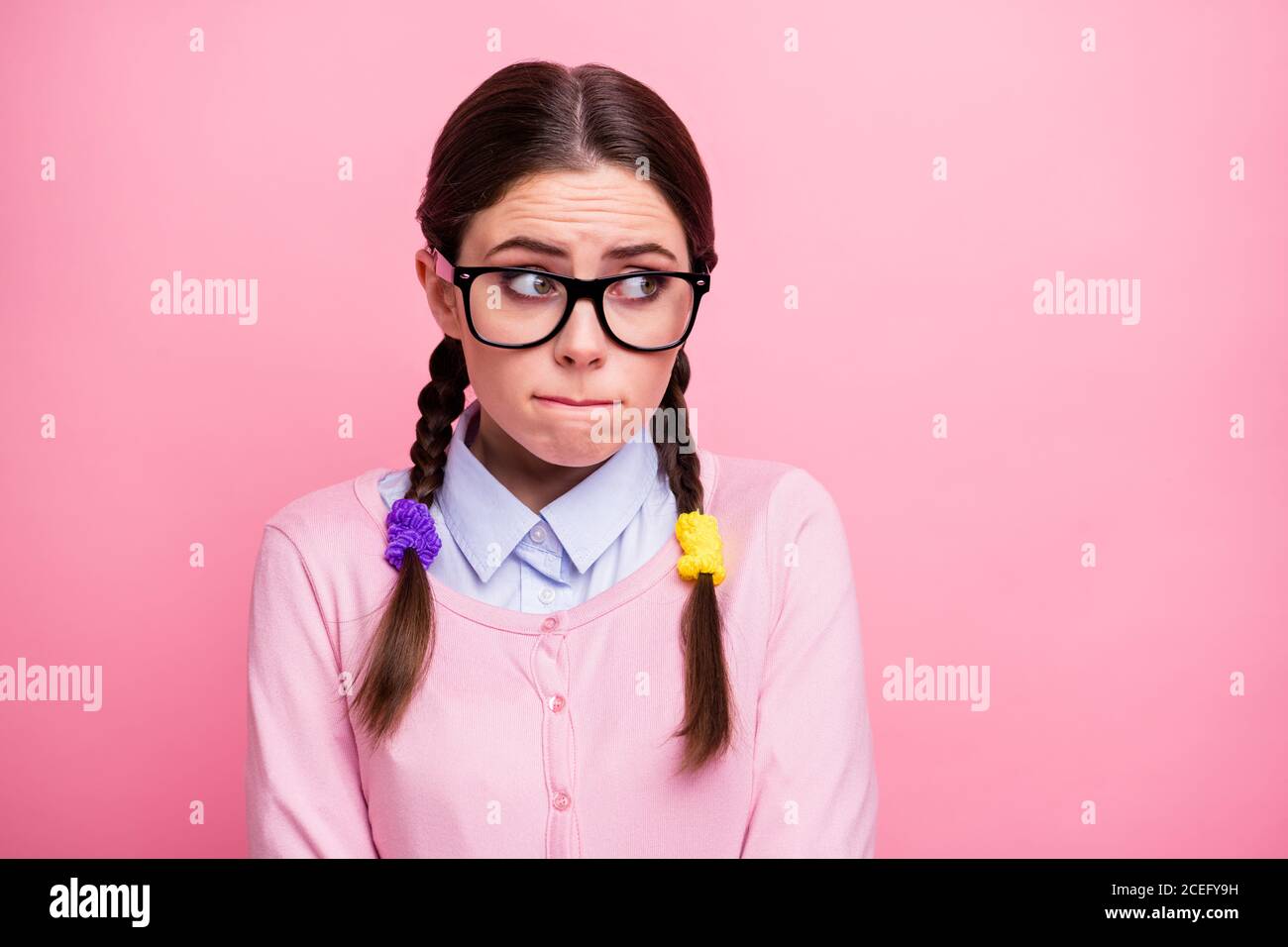Close-up portrait of her she nice attractive pretty lovely worried shy ...