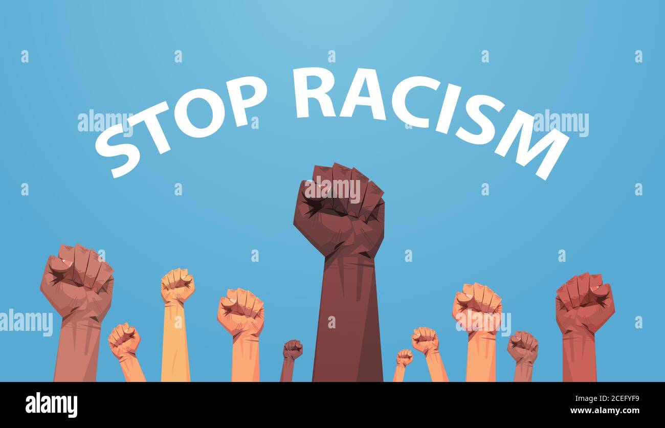 mix race activists holding raised up fists poster against racism and ...