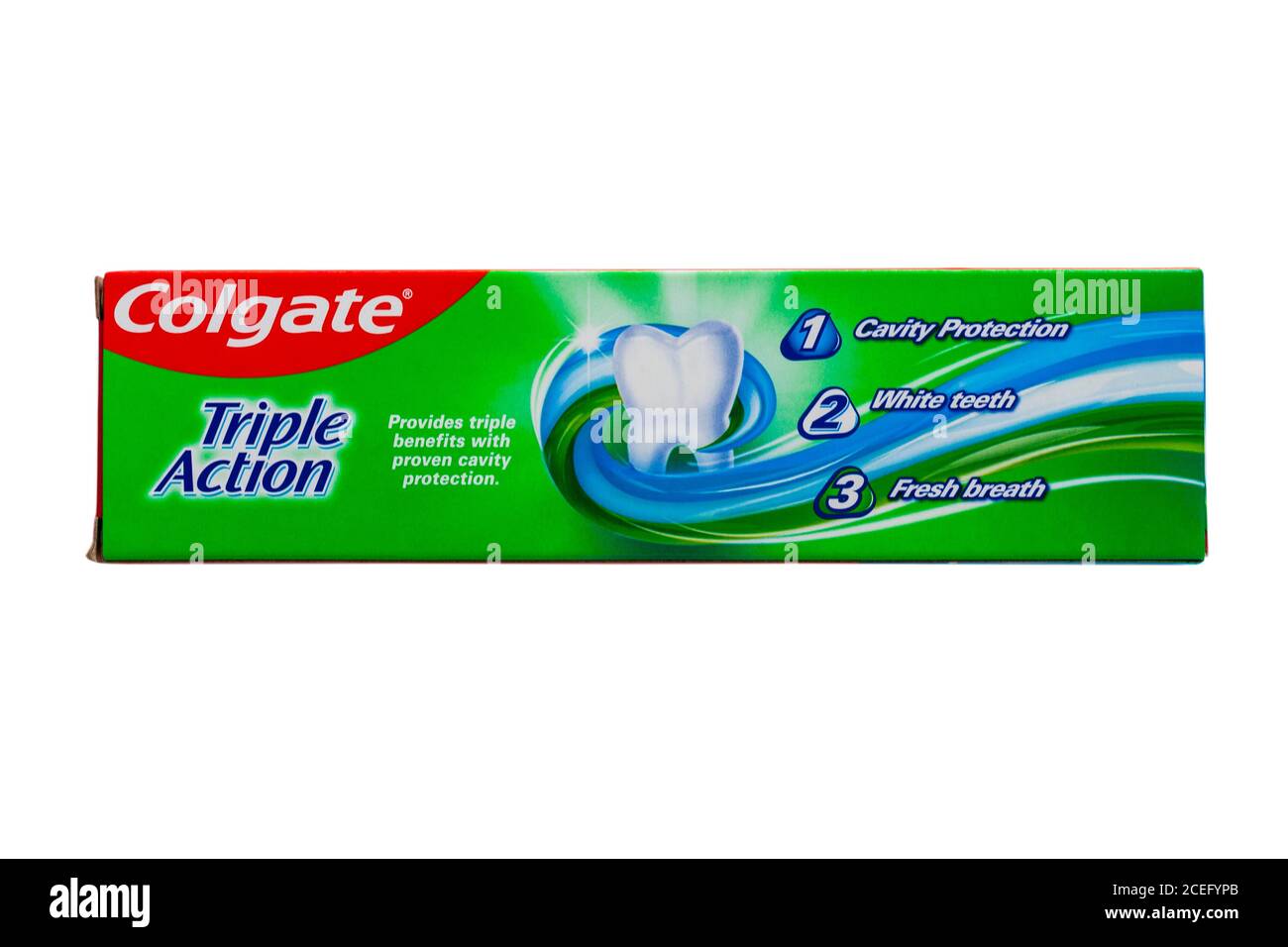 Box of Colgate Triple Action original mint toothpaste isolated on white ...