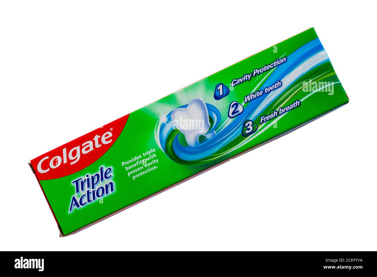 Box of Colgate Triple Action original mint toothpaste isolated on white ...