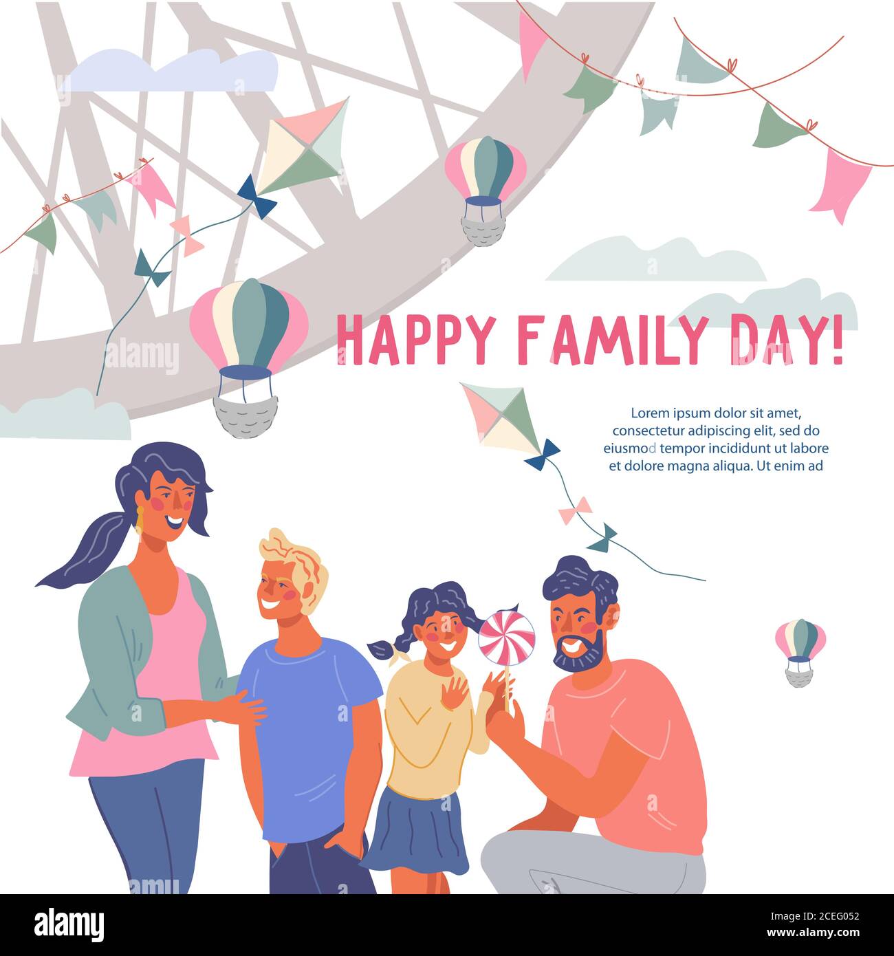 Family day greeting card or banner with cartoon characters flat vector ...