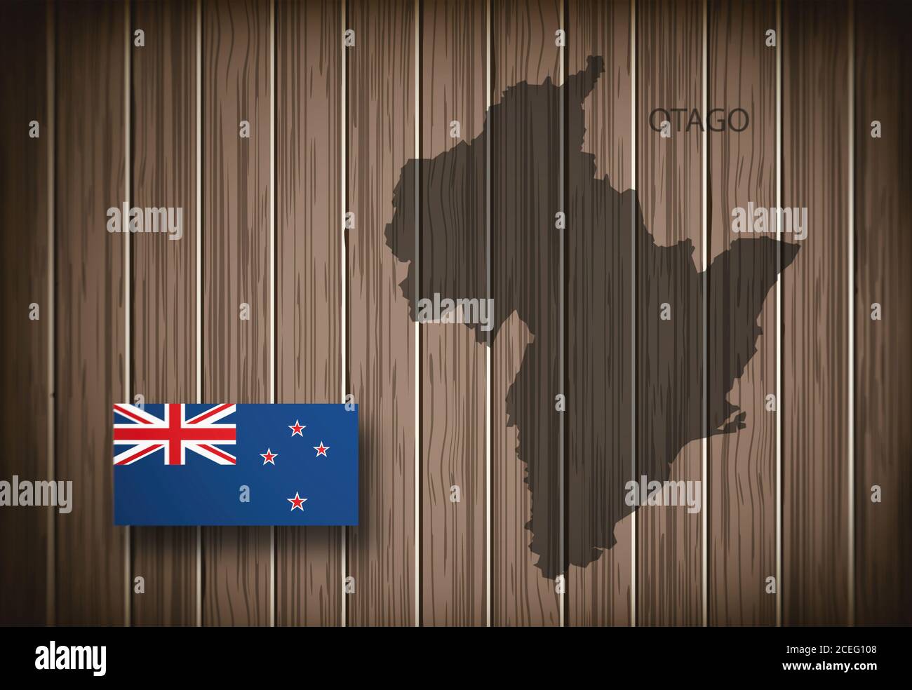 Map of Otago and Flag of New Zealand, New Zealand region, on wooden ...