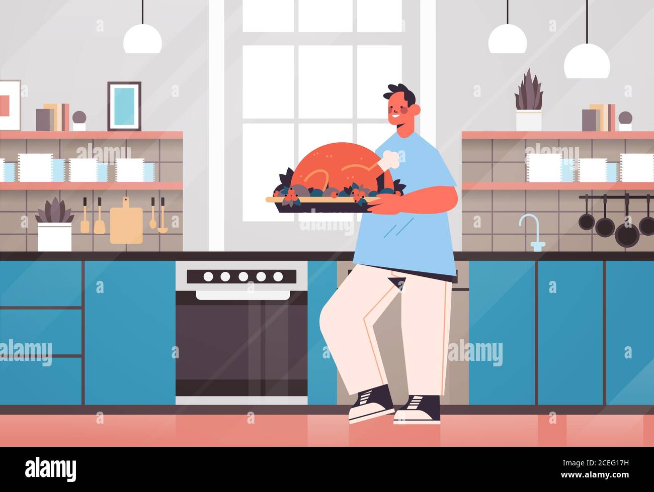 happy man preparing turkey at home cooking concept modern kitchen ...