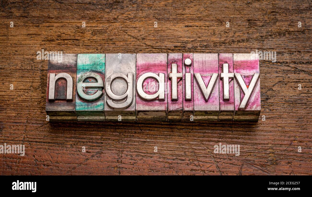 negativity word abstract in gritty vintage letterpress metal type ...
