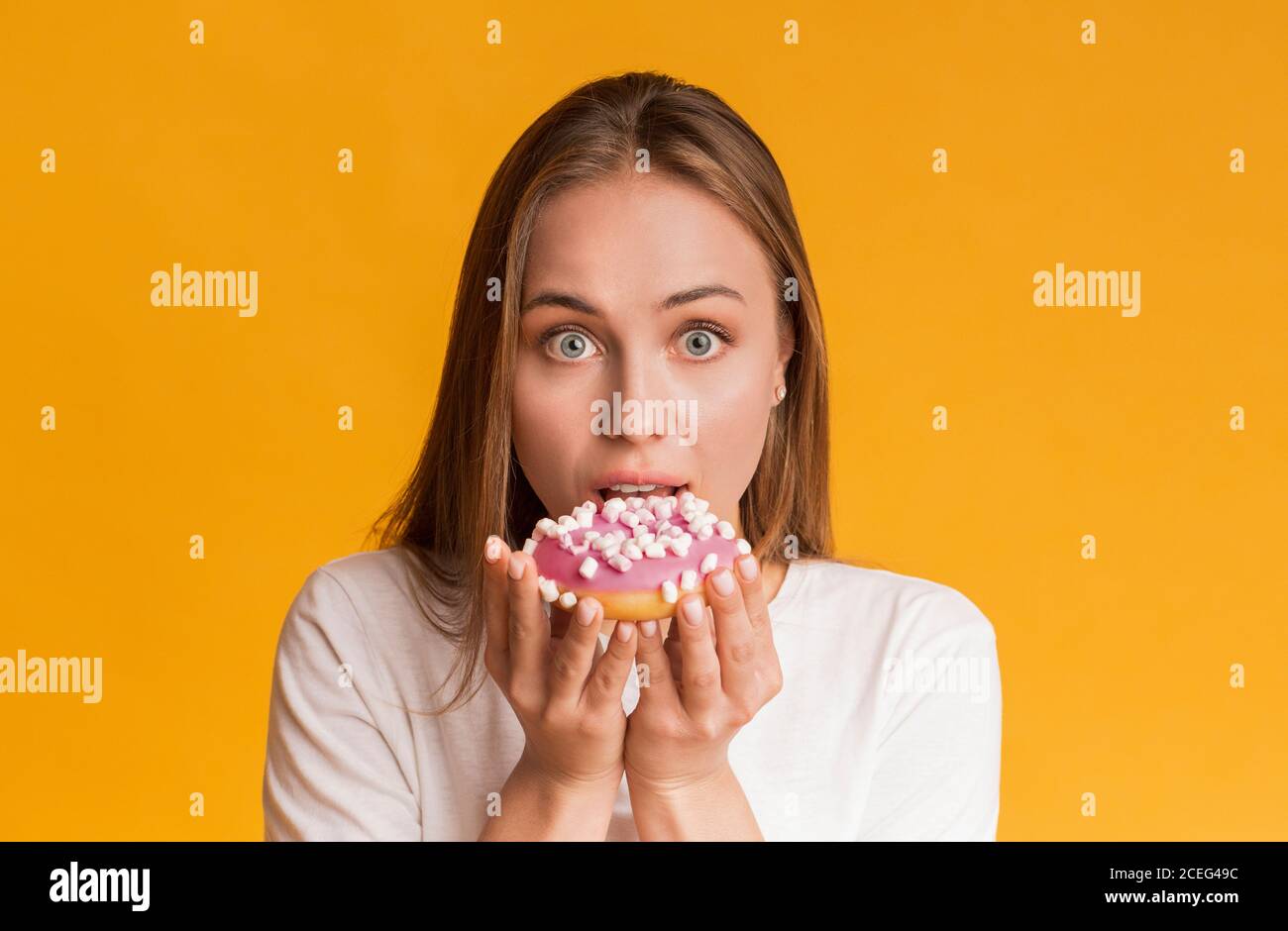 Young Woman Biting Tasty Donut, Posing Over Yellow Background In Studio ...
