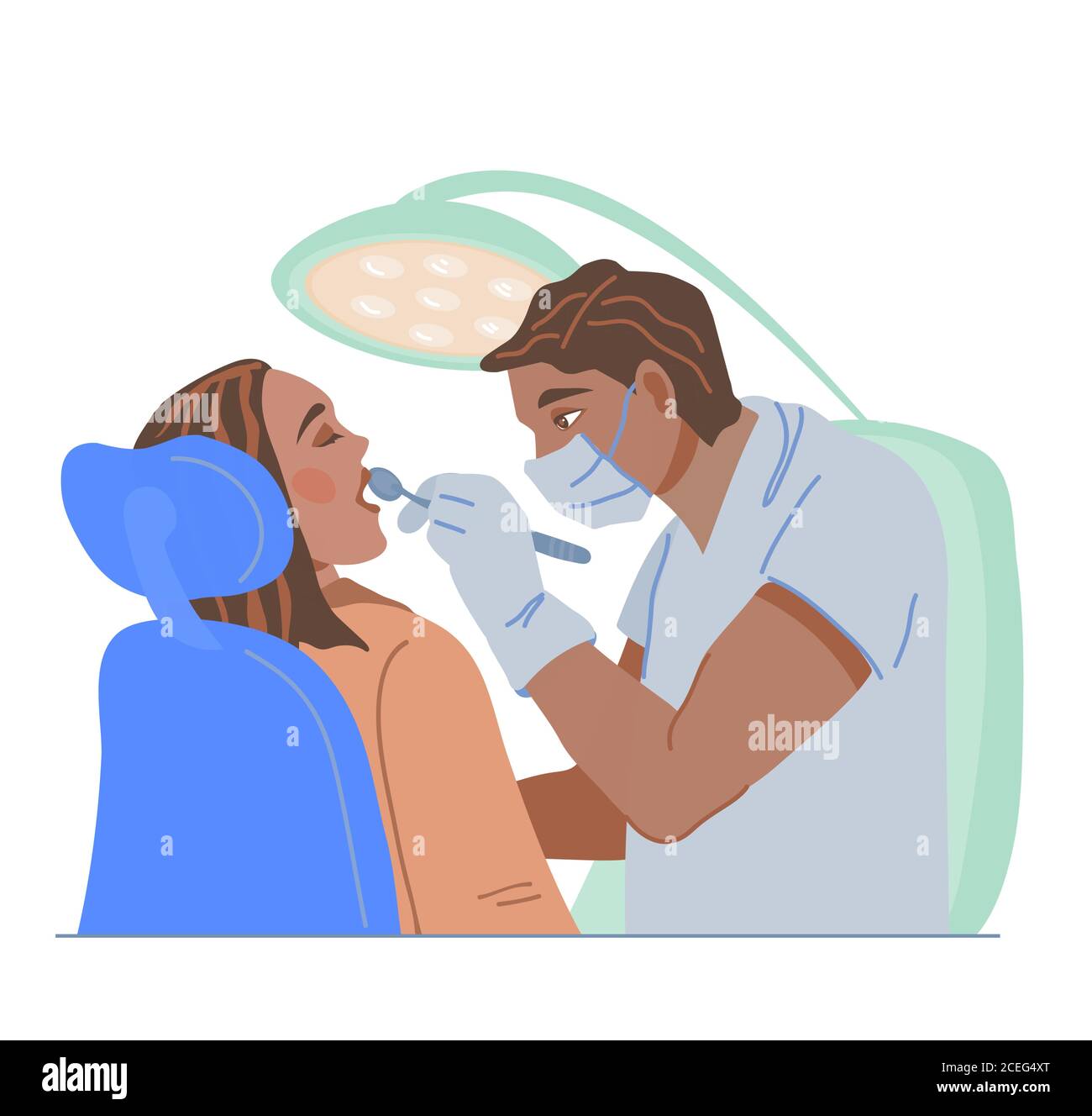 Woman patient undergoes oral health exam in dental clinic, vector ...