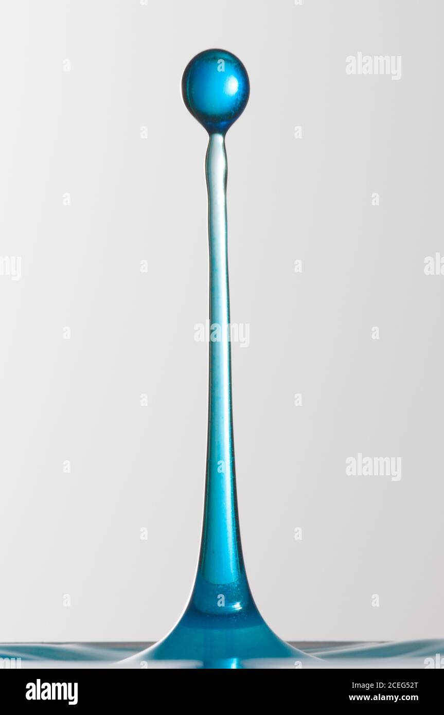 Closeup shot of splash of blue transparent liquid on white background ...