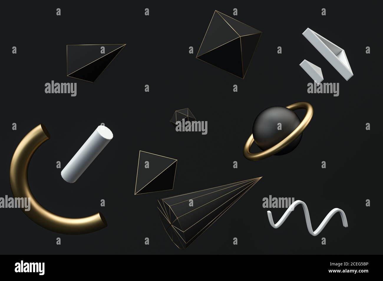 Golden and black abstract objects, 3d rendering. Computer digital ...