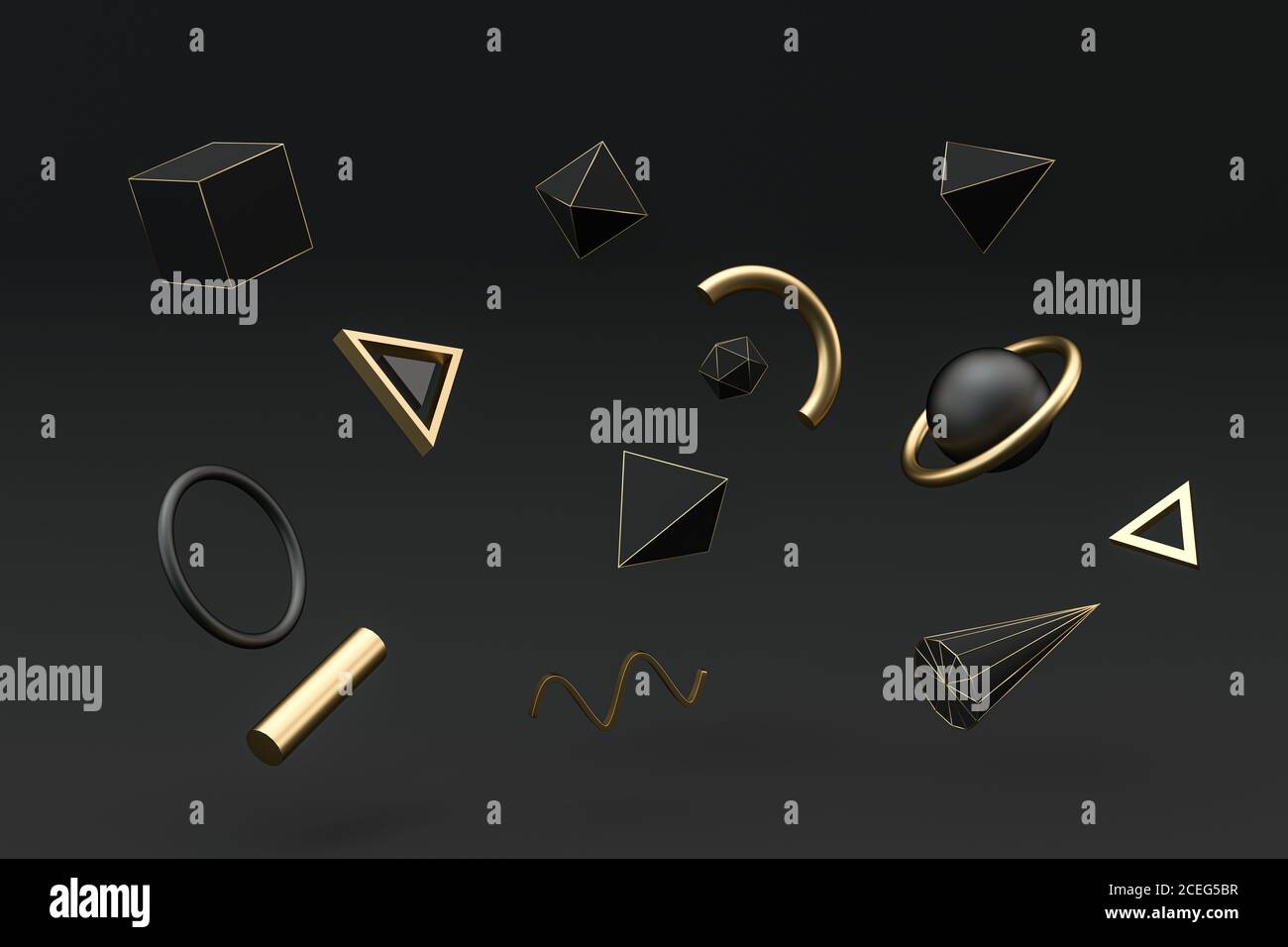 Golden and black abstract objects, 3d rendering. Computer digital ...