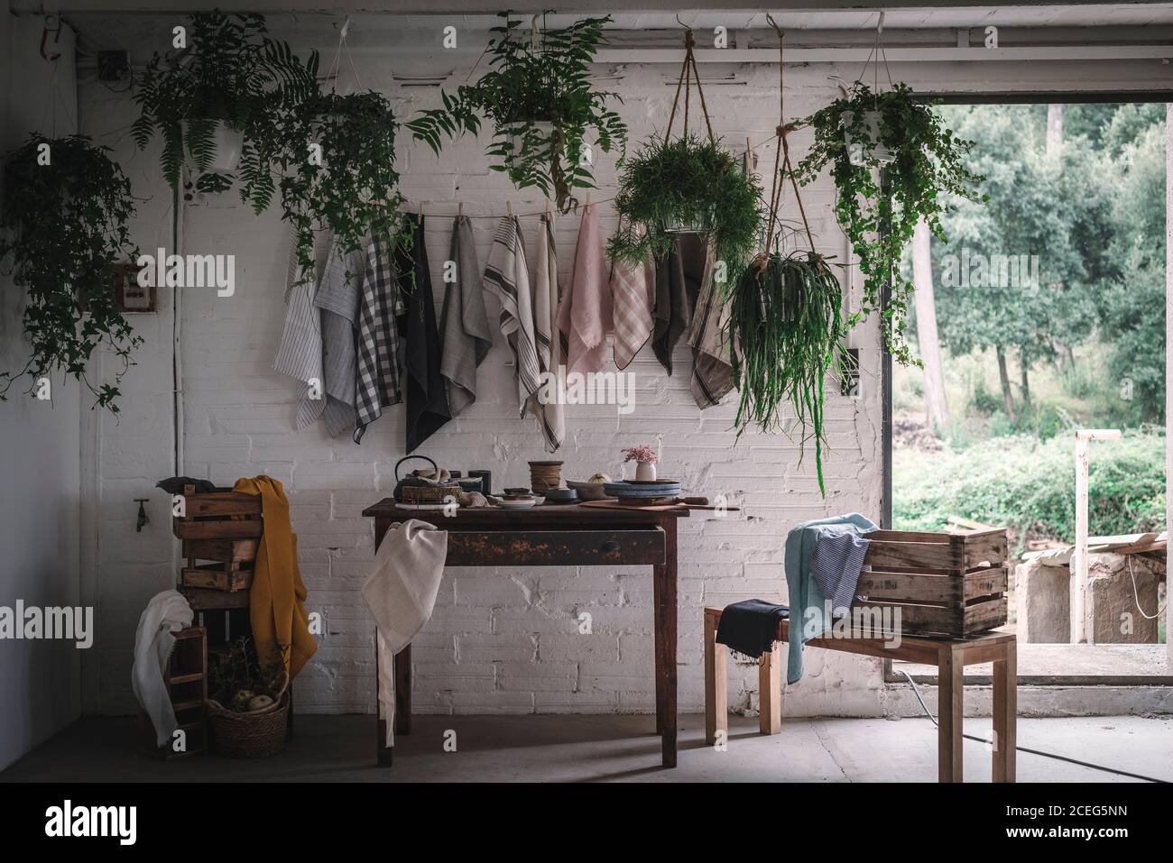 Wooden table with bunch of fresh pink chrysanthemums and white ...