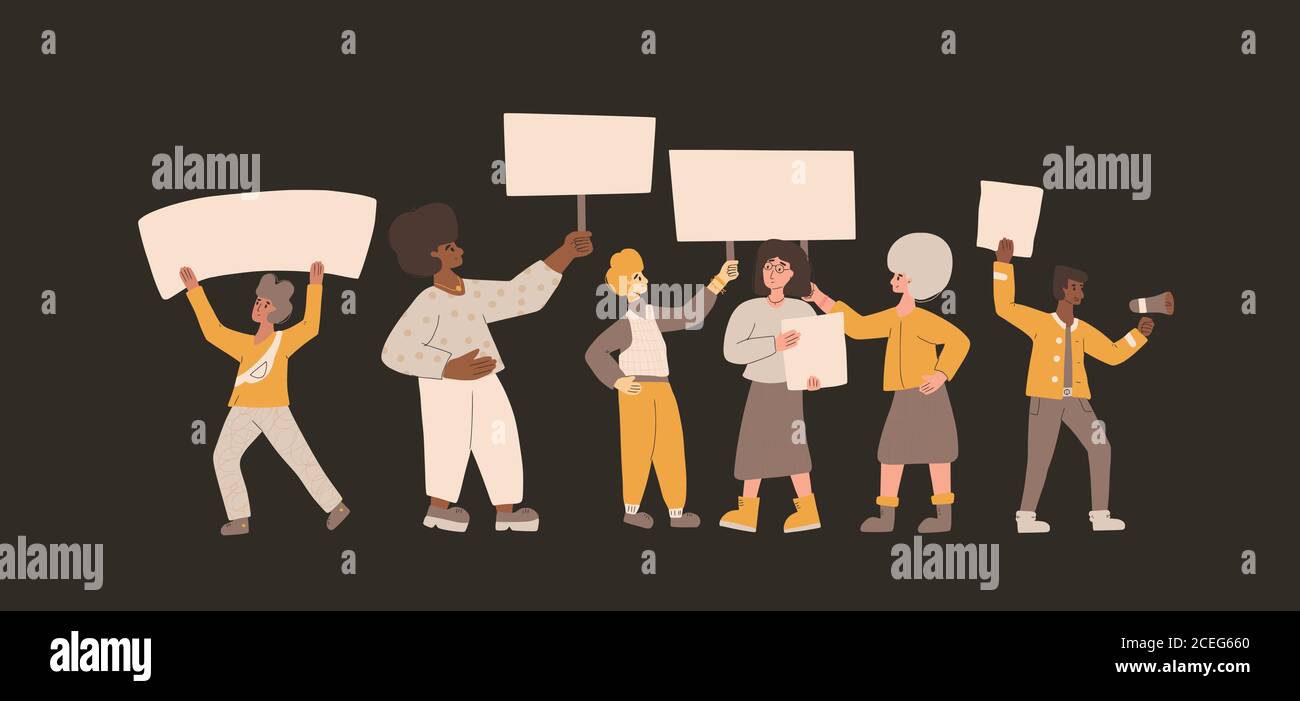 Protest. Crowd of people holding placards. Persons standing together ...