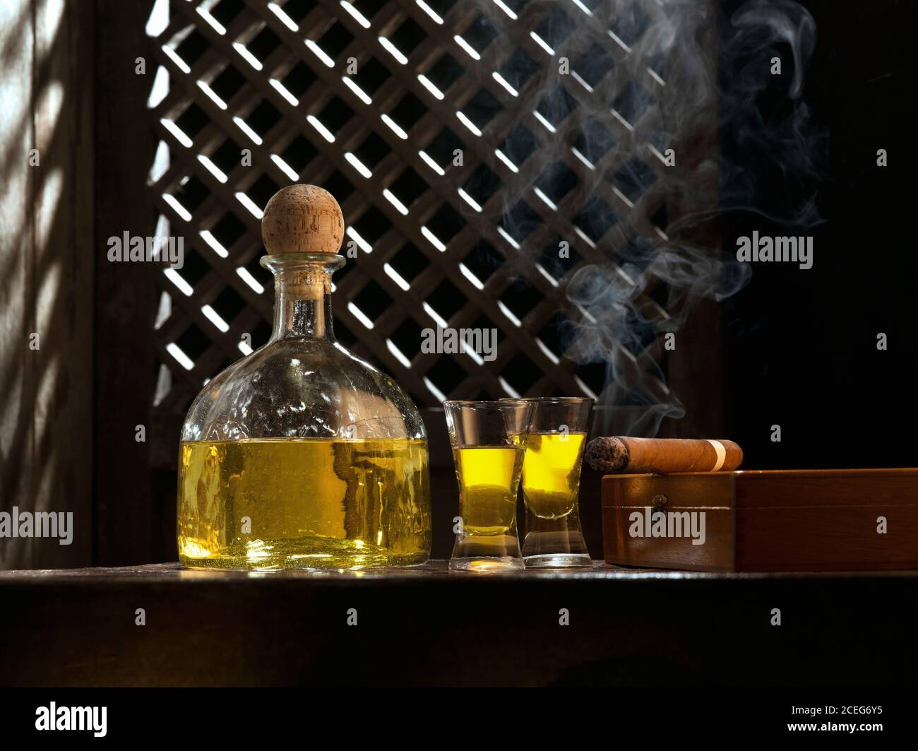 Close up view of bottle of tequila anejo and cigar hi-res stock ...