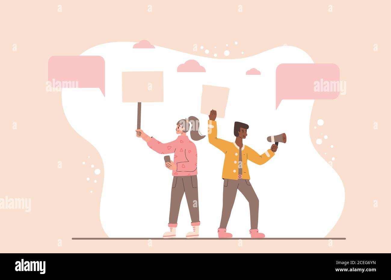 Protest. Two friends holding placards. Persons standing together with ...