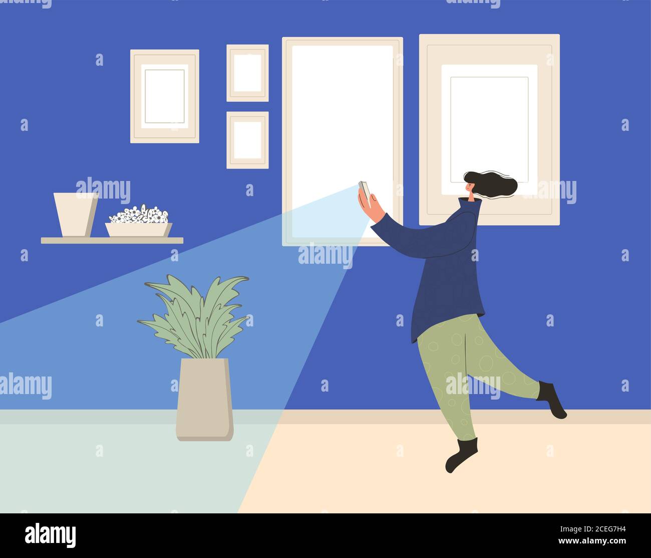 AR. Augmented reality. Female character using her phone for try to put ...