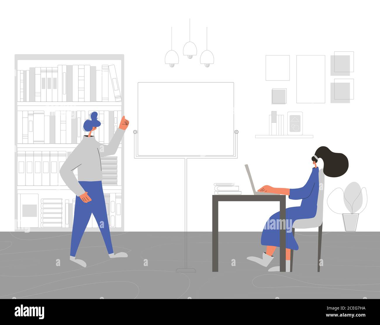 Home education. Character working on computer with teacher. Person ...