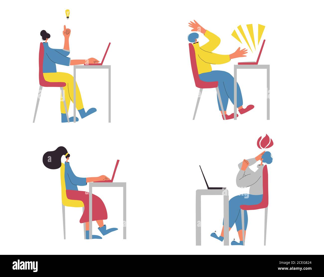 Characters working on computer set isolated on white background ...