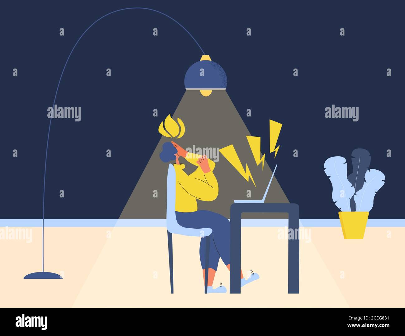 Burnout syndrome. Tired character working from home on computer ...