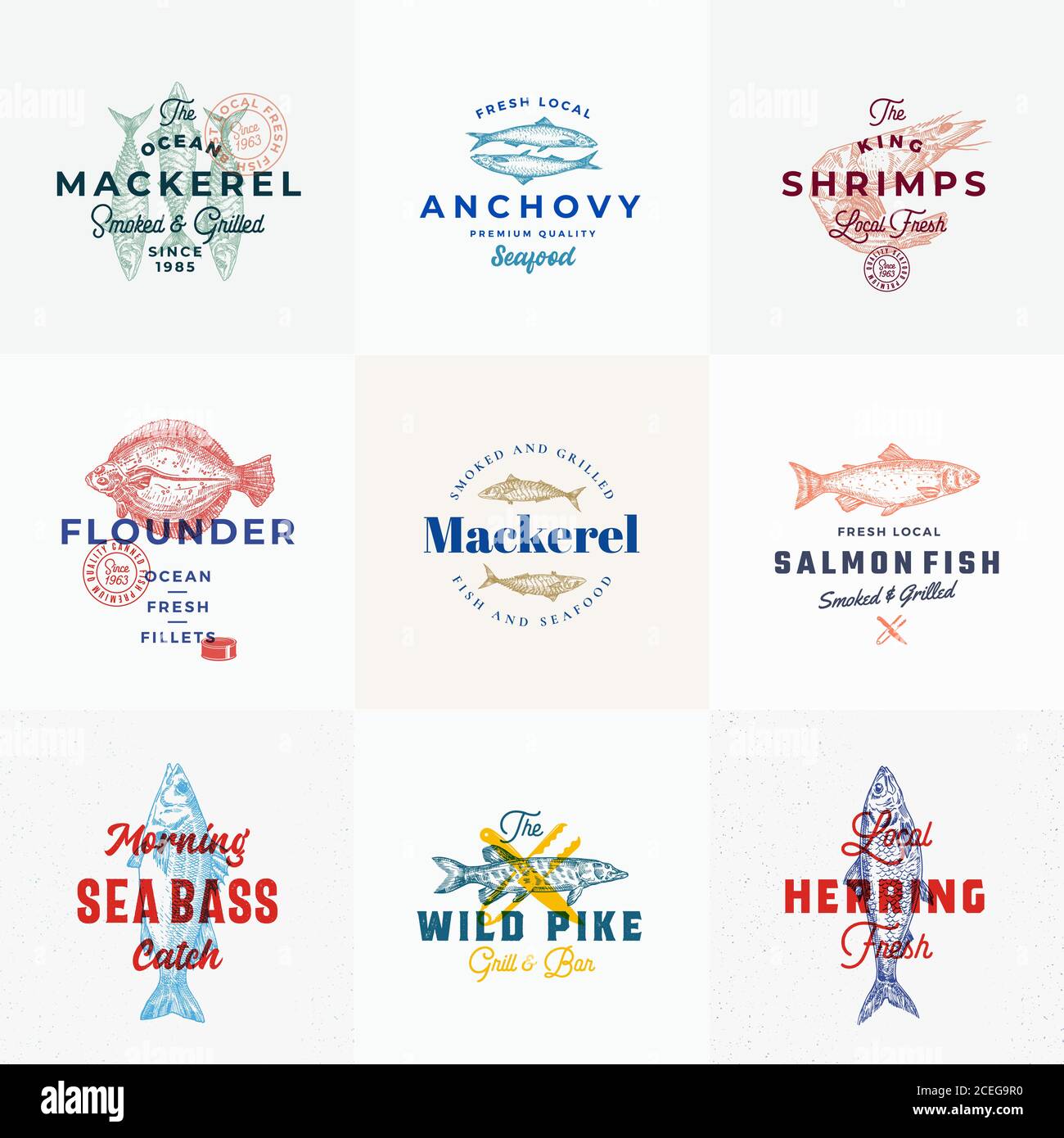Premium Seafood Vector Signs or Logo Templates Set. Hand Drawn Vintage ...