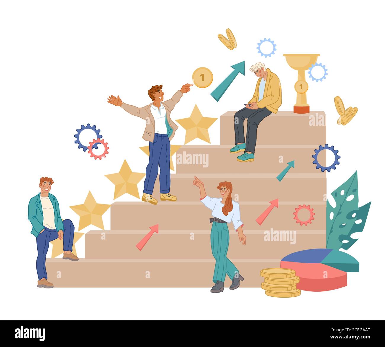 A team of business people climbs the corporate ladder, vector ...