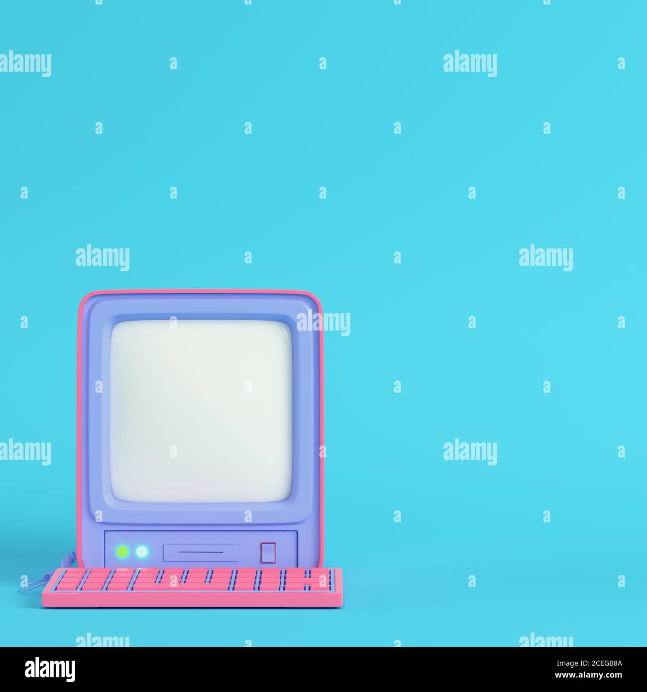 Pink retro computer on bright blue background in pastel colors ...
