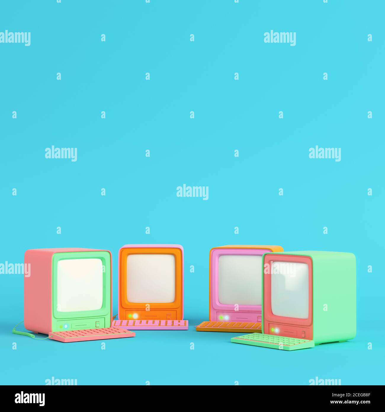 Colorful retro computers on bright blue background in pastel colors ...