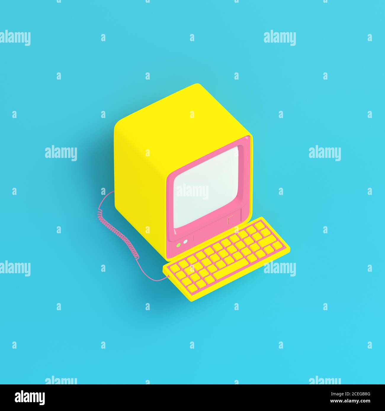 Yellowretro computer on bright blue background in pastel colors ...