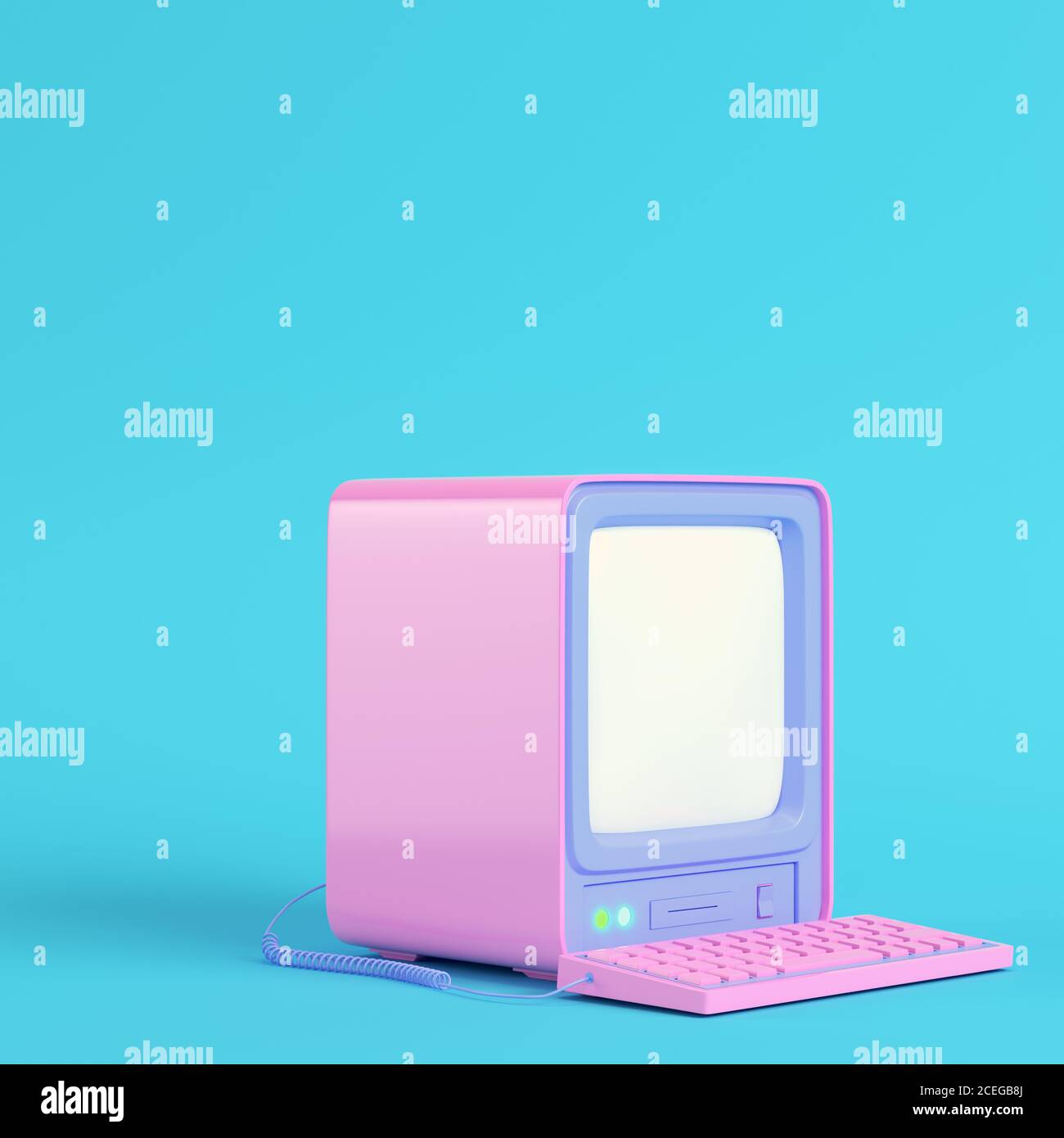 Pink retro computer on bright blue background in pastel colors ...