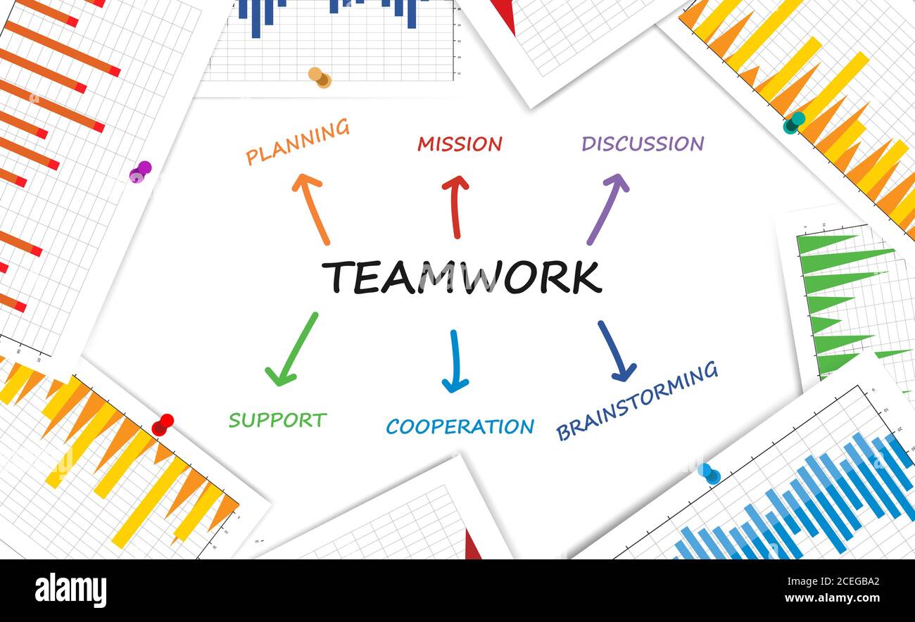 Teamwork Illustration With Words And Statistics Graphs Over White ...