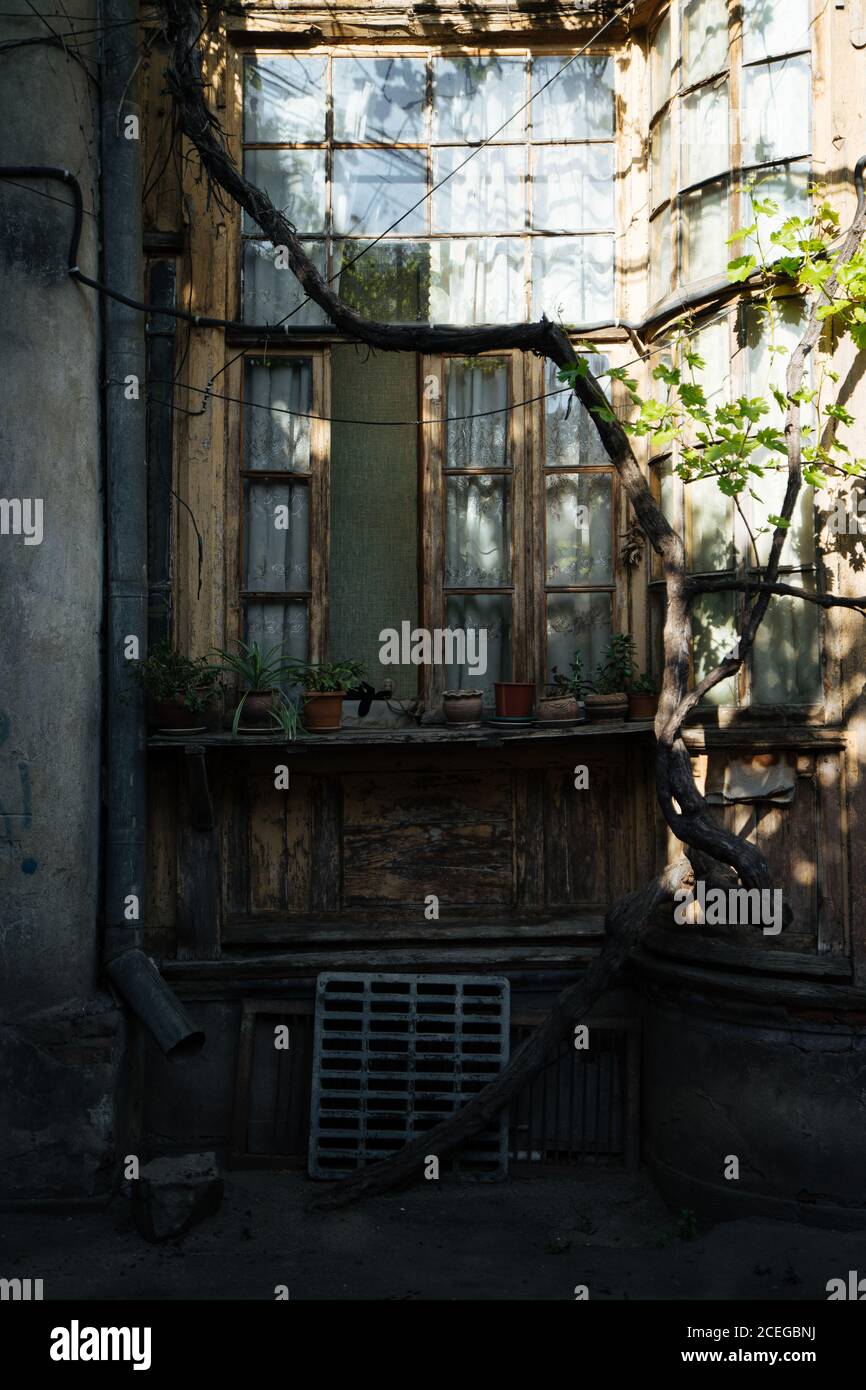 Outdoors view of old open wooden window with narrow casement with ...