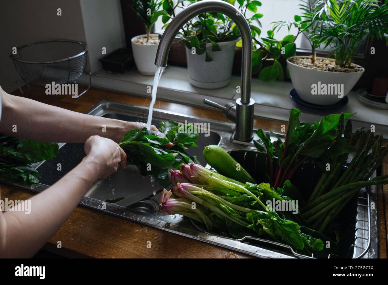 Woman washing fresh vegetables in kitchen Stock Photo - Alamy