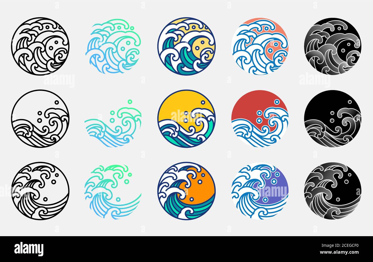 Japanese water wave vector set. Line art, fill color, gradient, pastel ...
