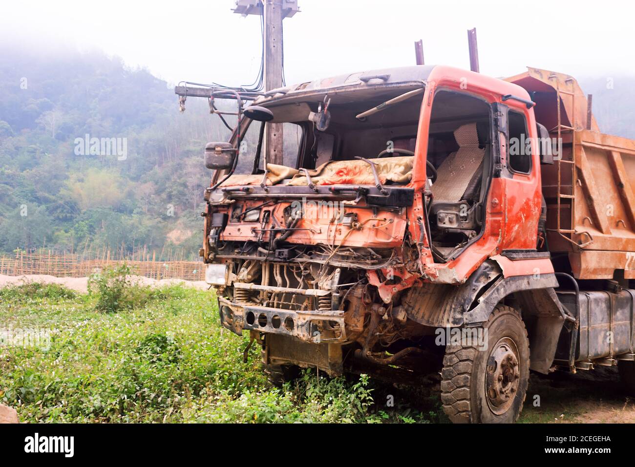 Truck crashed and abandoned after accident. Construction truck in an ...