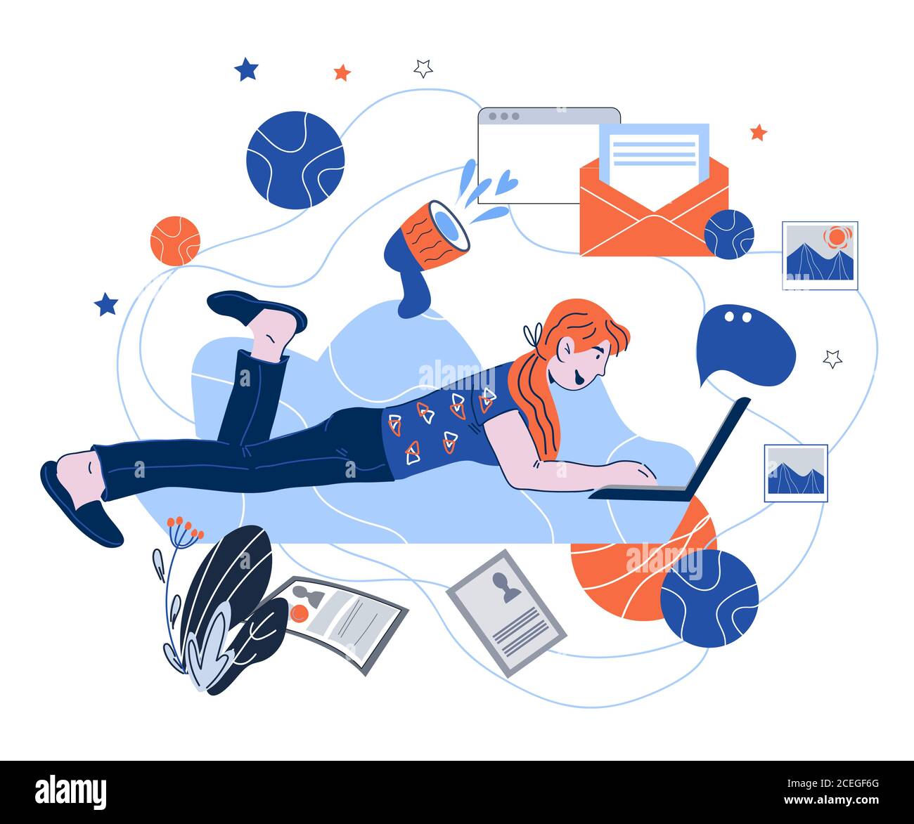 Content based digital marketing banner with woman, flat cartoon vector ...