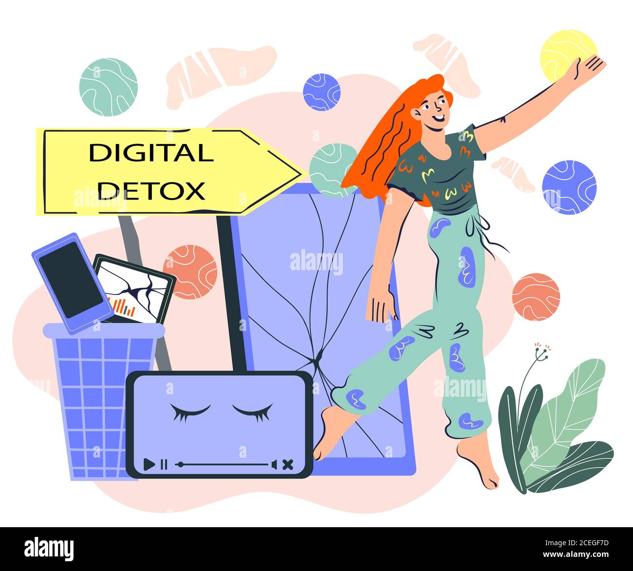 Digital detox and day of devices with woman and gadgets, vector ...