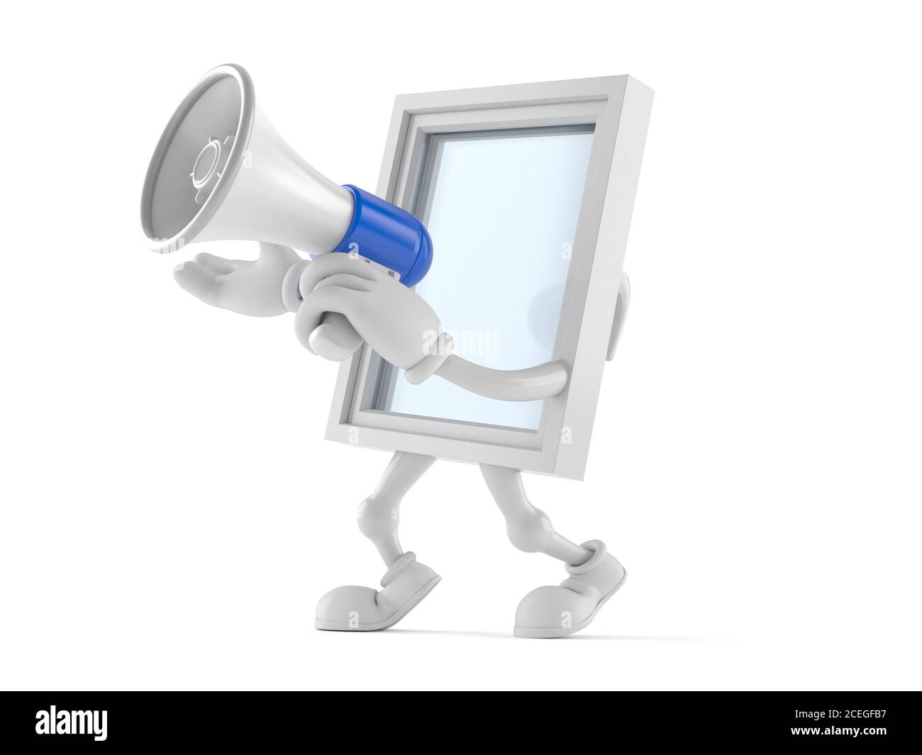 Window character speaking through a megaphone isolated on white ...