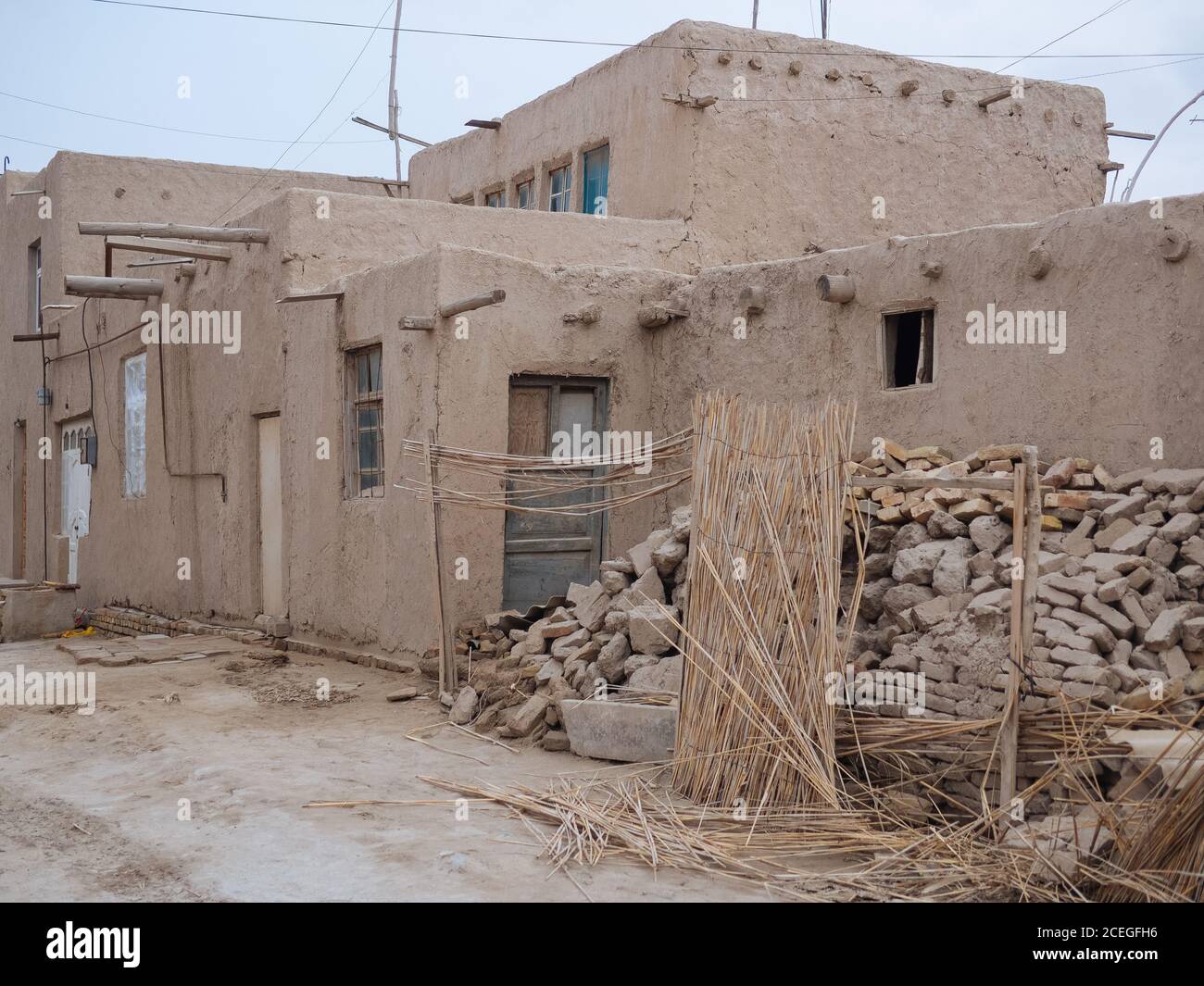 Exterior view of backyard of poor city district with stone simple ...