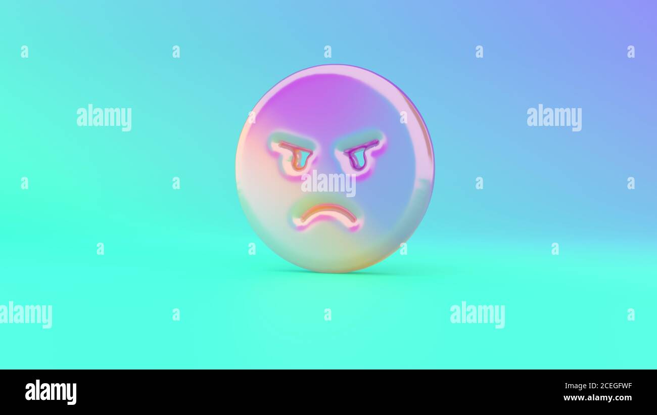 Colorful vibrant 3d rendering puffed circle angry emoticon on colored ...