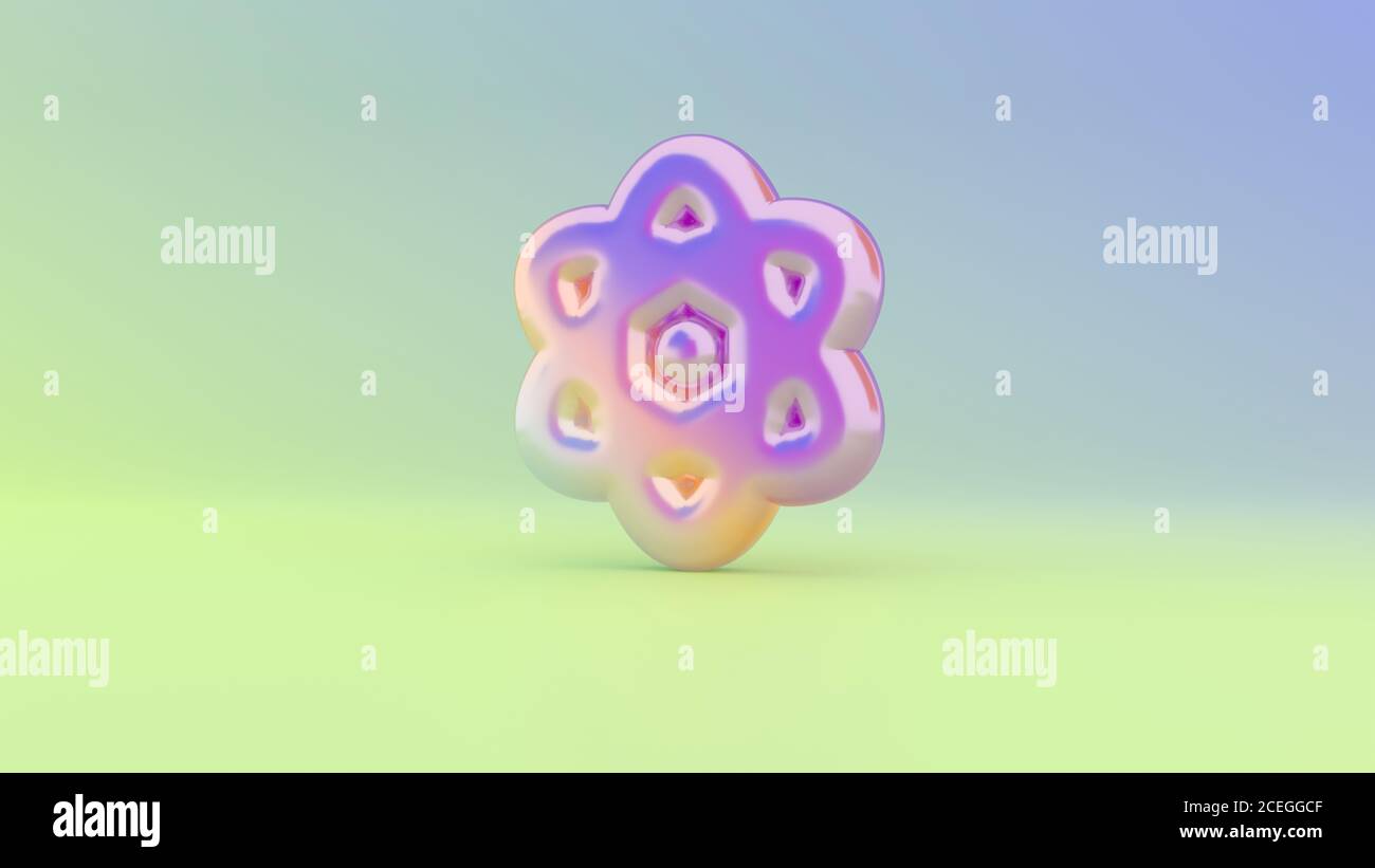 Colorful vibrant 3d rendering puffed symbol of atom on colored ...