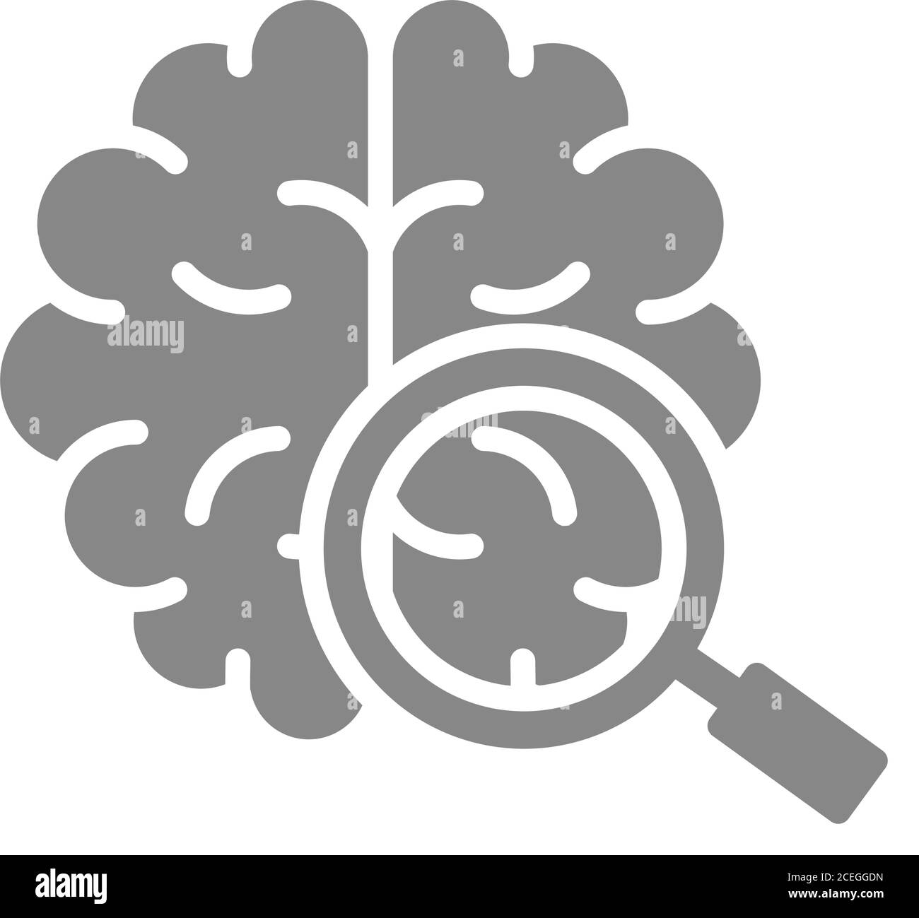 Brain with magnifying glass gray icon. Organ research symbol Stock ...