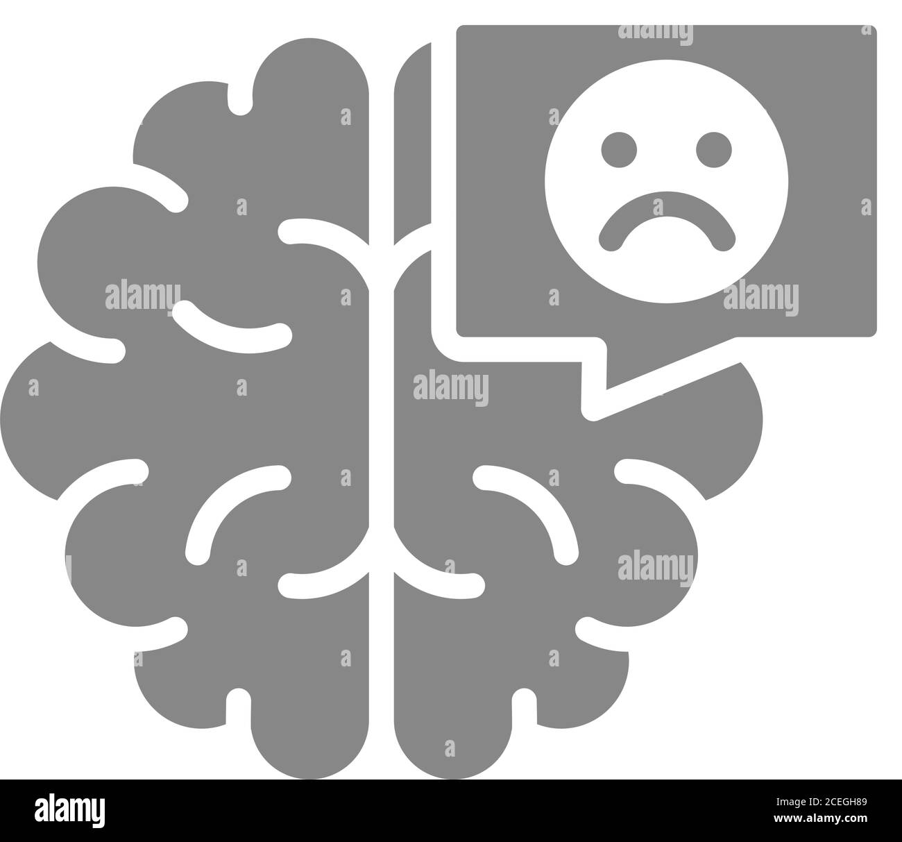Brain with sad face in chat bubble gray icon. Diseased internal organ ...