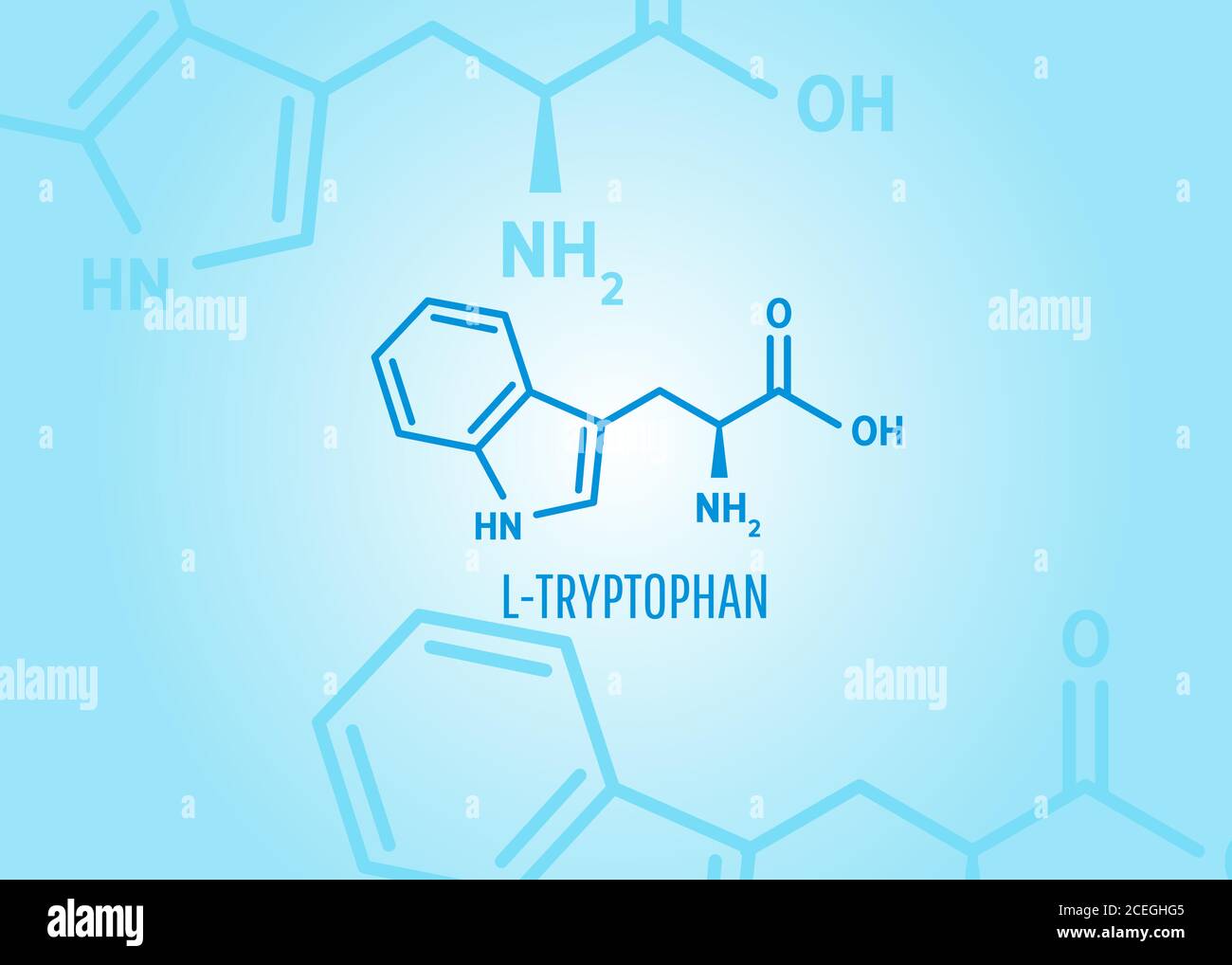 Tryptophan skeletal formula and structure on blue medical background ...
