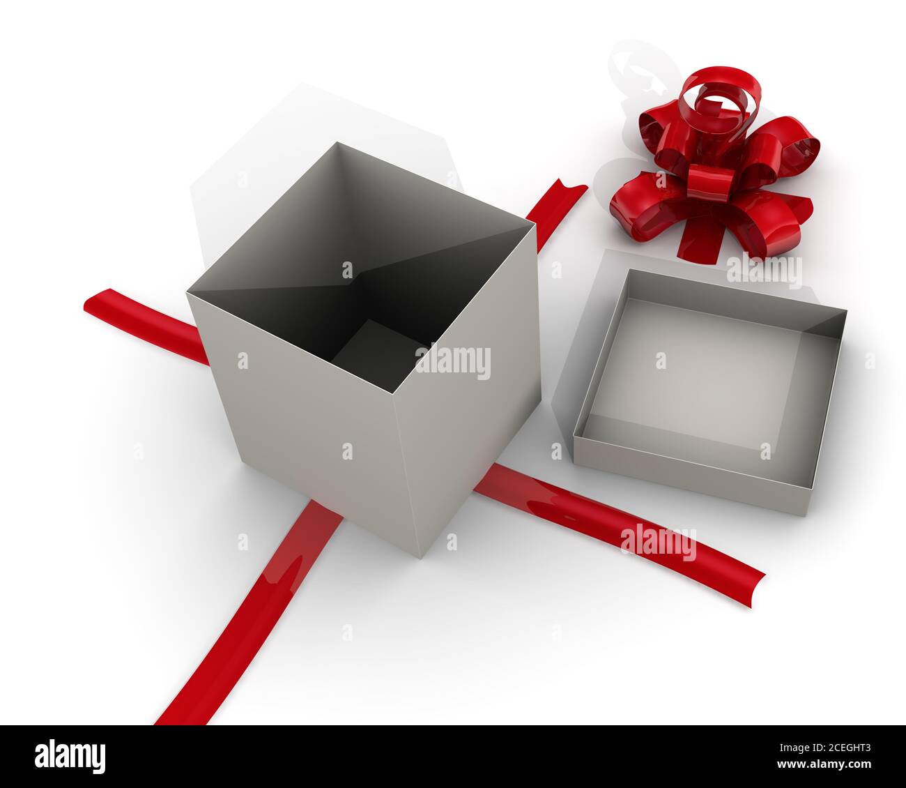 Open gift box. Empty open gift box lies on a white surface. 3D ...