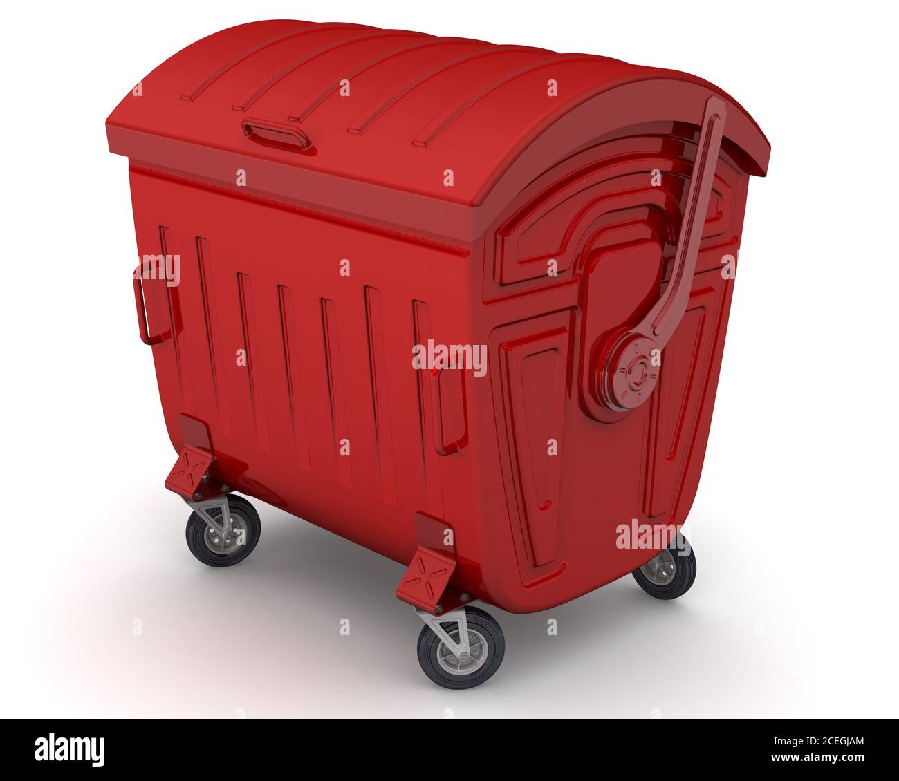 Closed garbage container. Closed red trash container on wheels standing ...