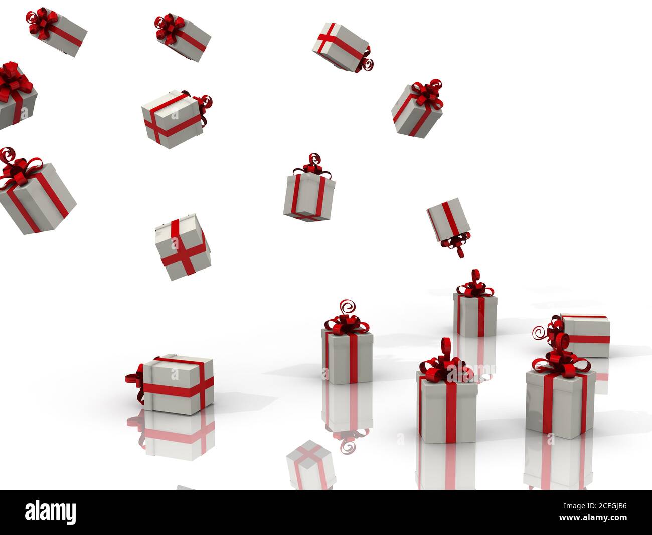 Gift boxes fall on the white surface. A lot of gift boxes falling on ...