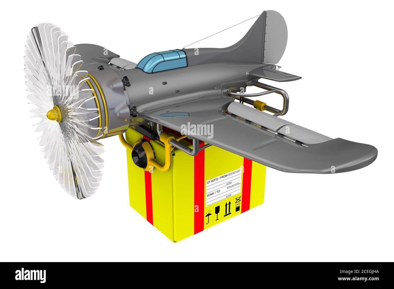 The aircraft carries the parcel. The airplane is carrying a yellow ...