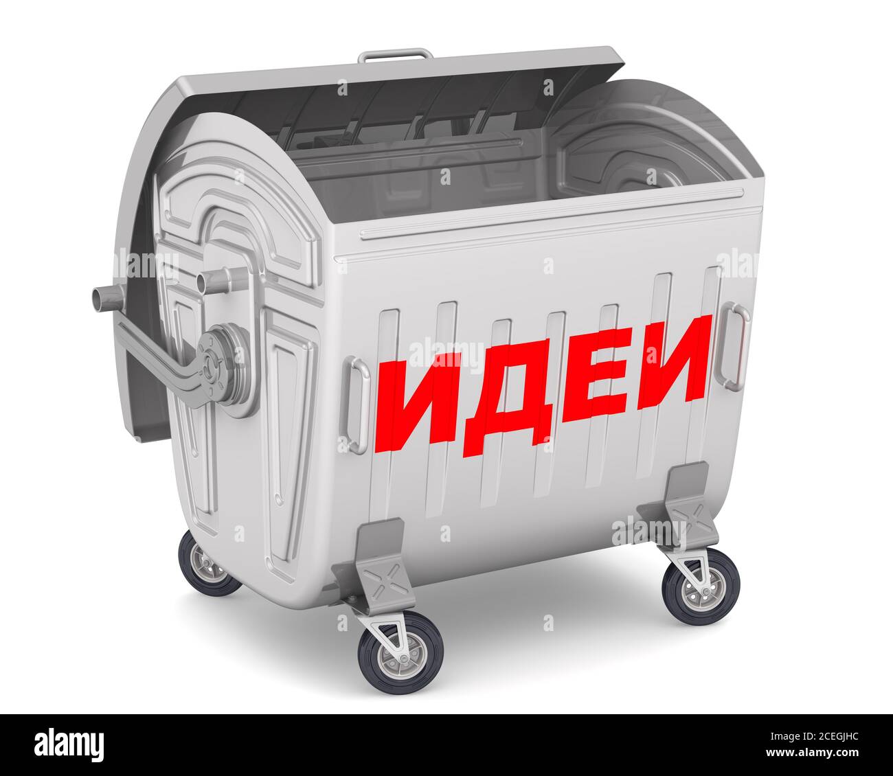 Trash can for bad ideas. Open trash container labeled with the red word ...