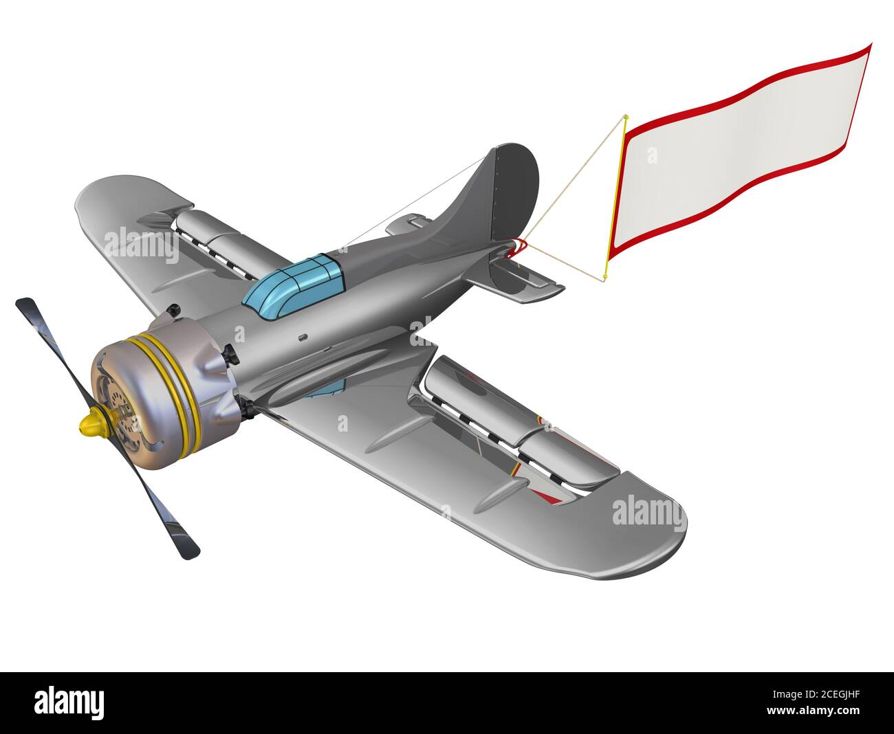 Airplane with advertising banner. Grey propeller plane in flight with a ...